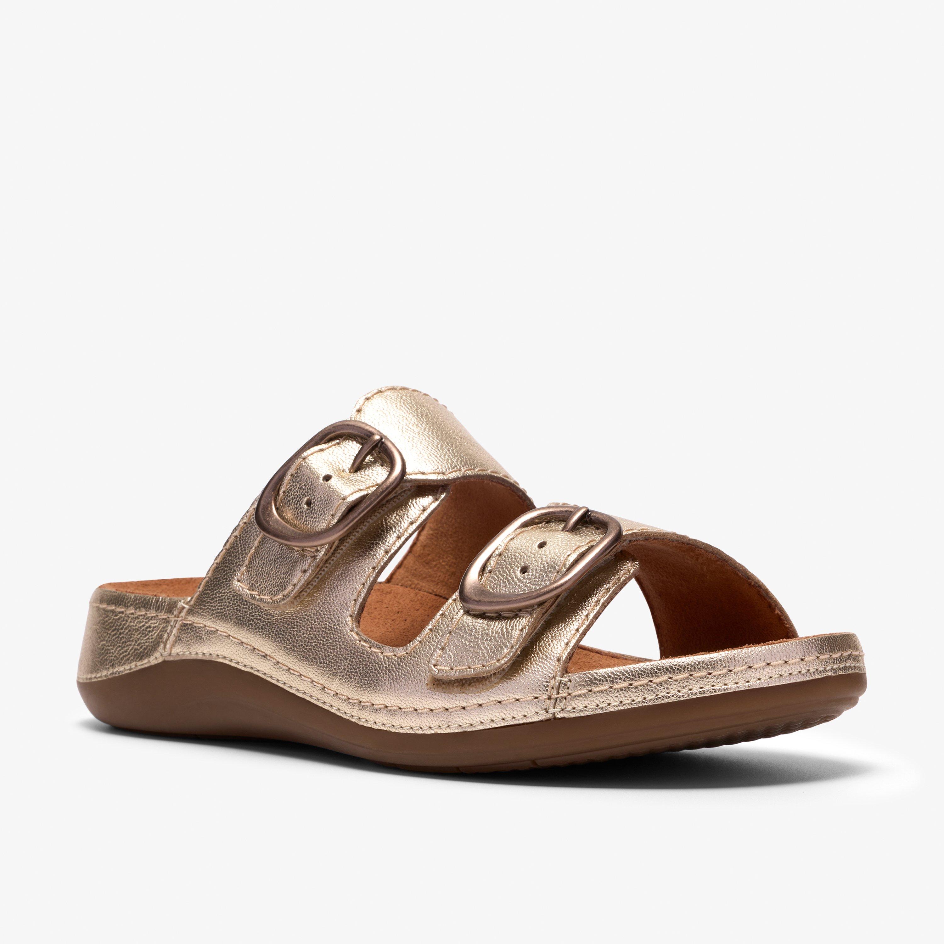 Womens Cecily Step Champagne Leather Flat Sandals | Clarks