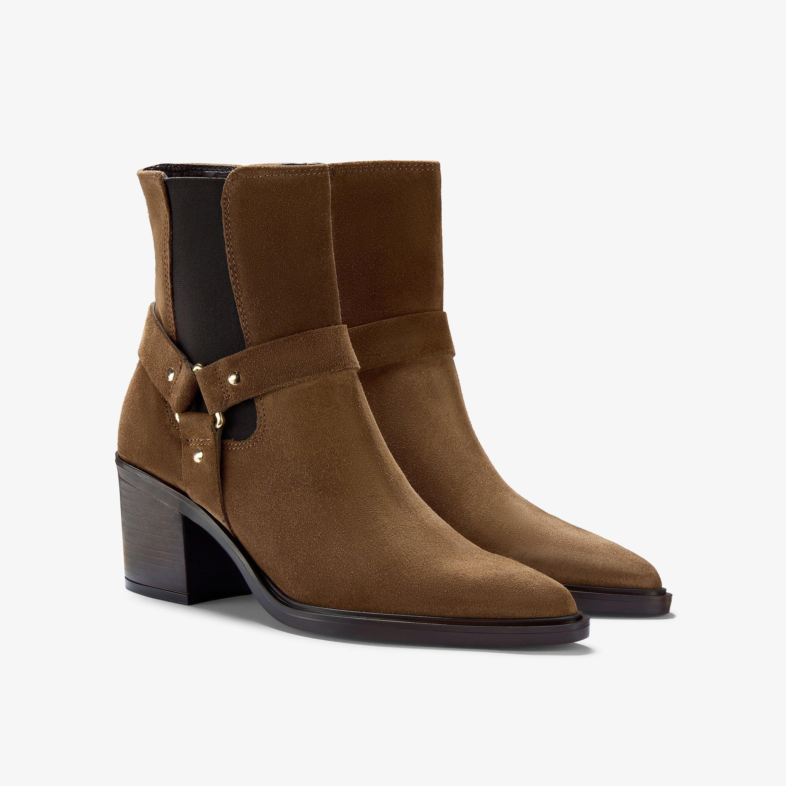 Womens Jesse Buckle Dark Tan Suede Ankle Boots Boots | Clarks UK