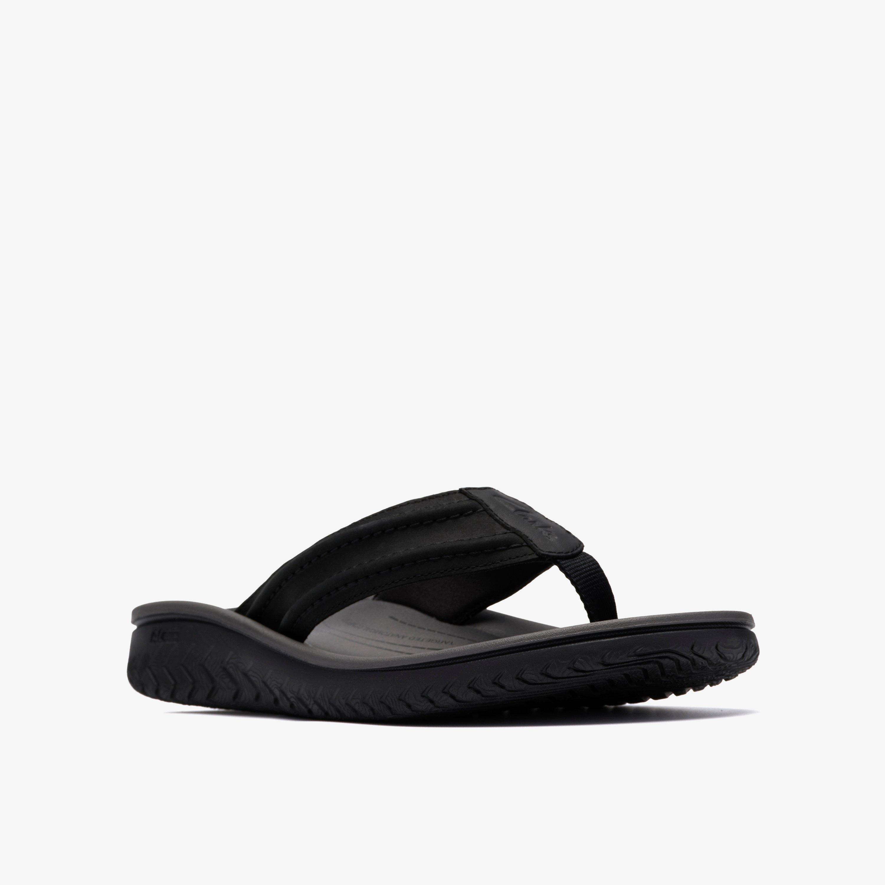 Mens Wesley Surf Black Leather Flip Flop | Clarks