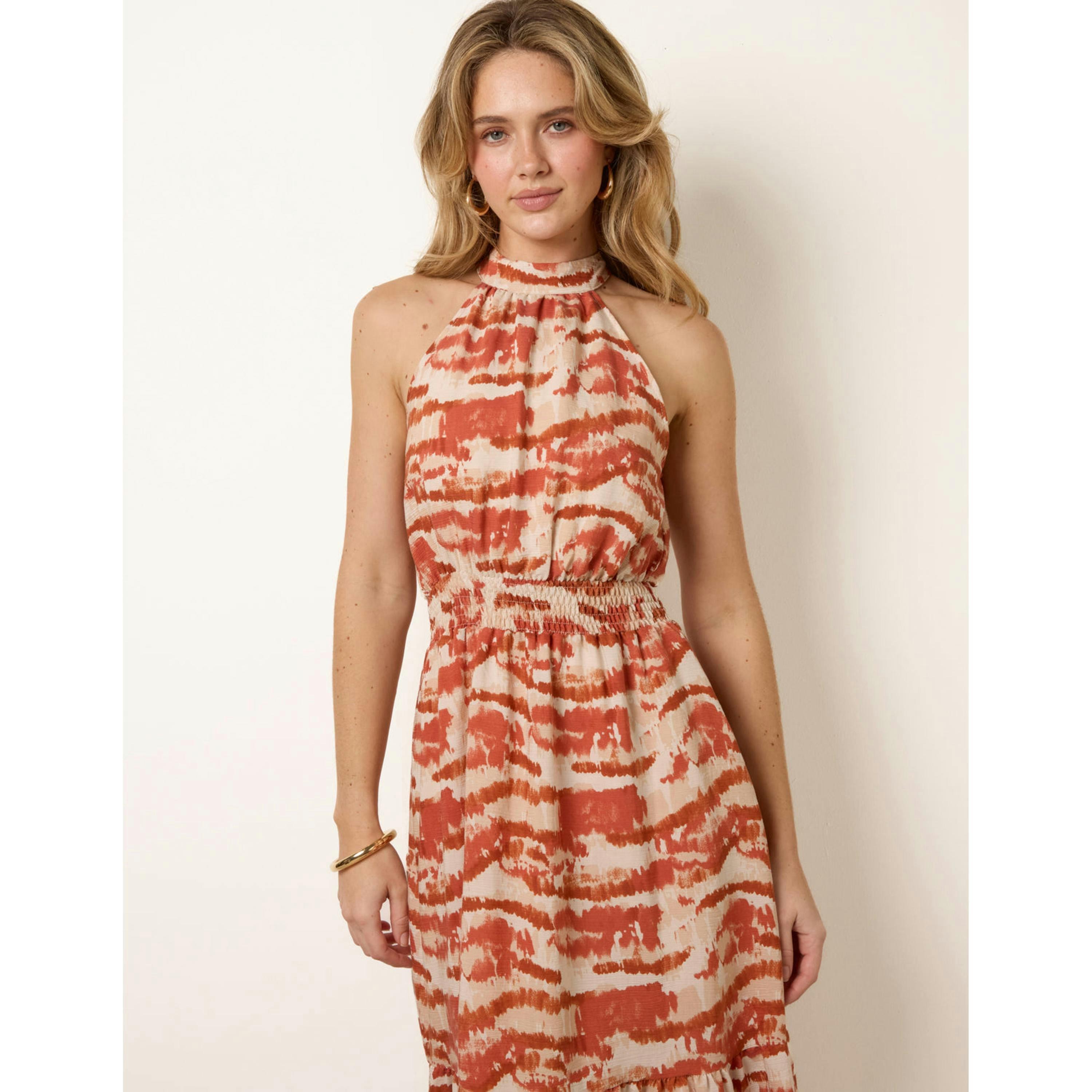 Blue Vanilla Blurred Tiered Halter Neck Midi Dress in Rust | Clarks UK