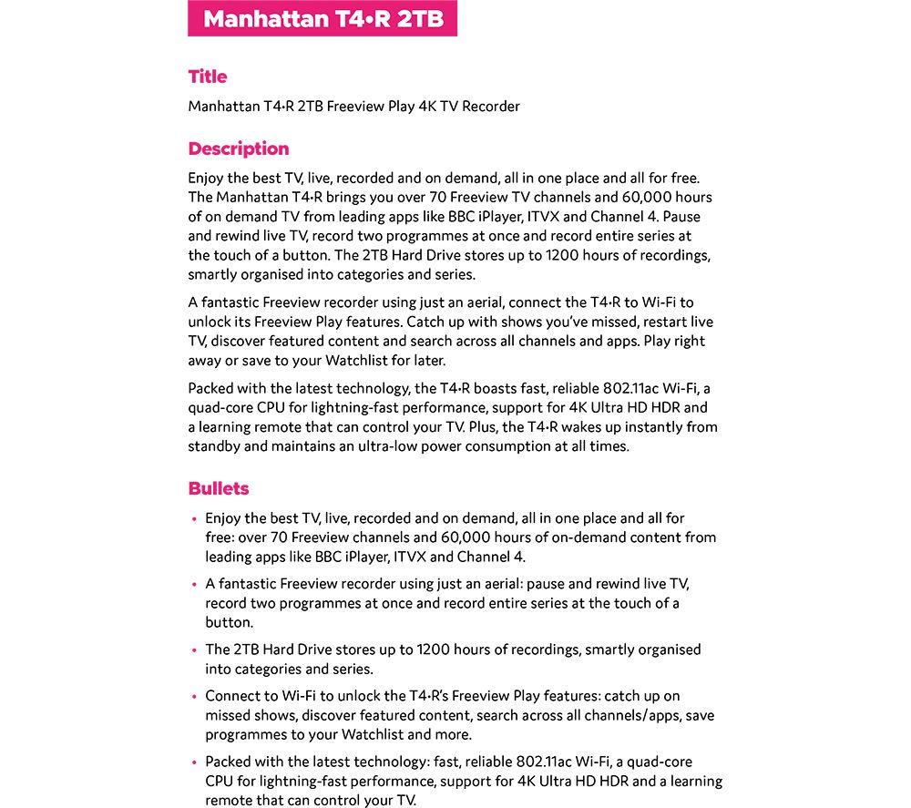 Buy MANHATTAN T4-R Freeview Play 4K Ultra HD Digital TV Recorder - 2 TB ...