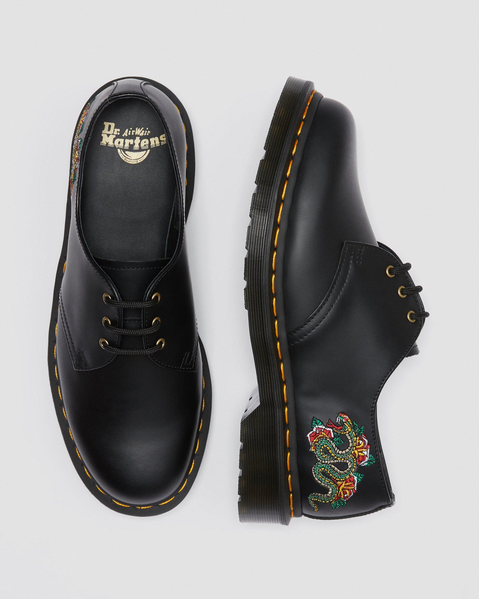 1461 Smooth Leather Snake Embroidered Shoes in Black | Dr. Martens