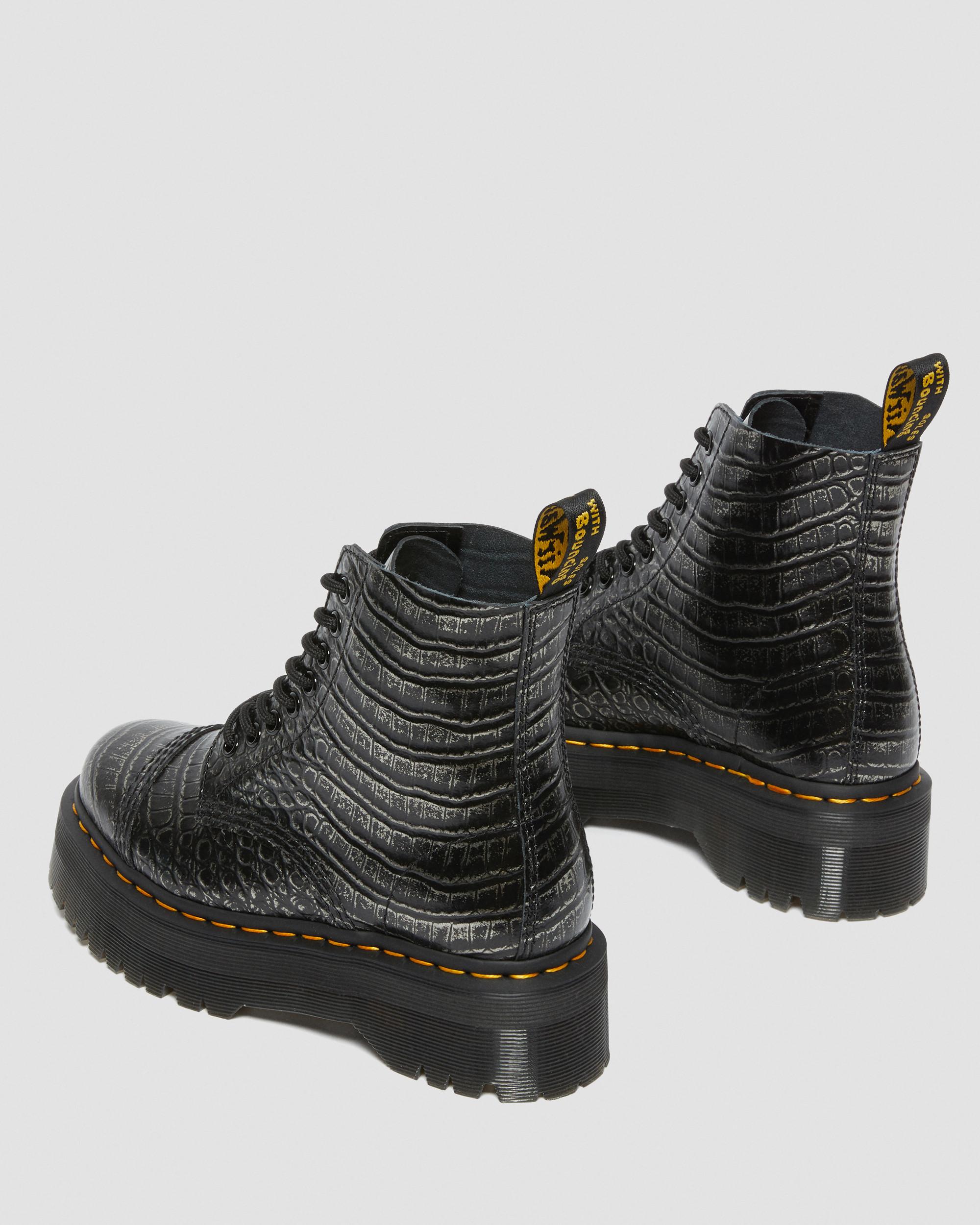 Sinclair Croc Emboss Leather Platform Boots in Gunmetal | Dr. Martens