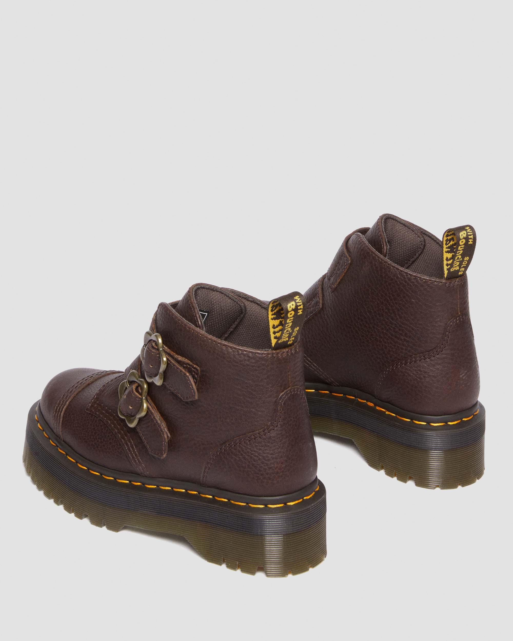 Devon Flower Buckle Grizzly Leather Platform Boots in Dark Brown | Dr ...