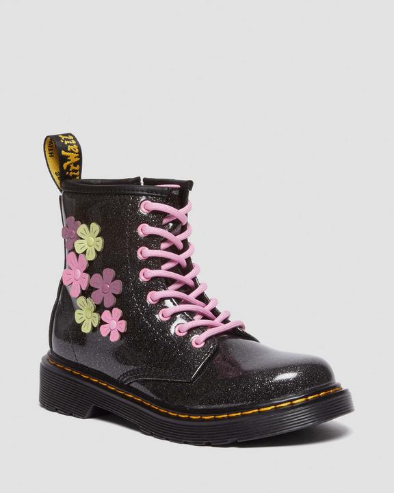 Junior 1460 Glitter & Flower Applique Lace Up Boots in Black Junior 1460 Glitter & Flower Applique Lace Up Boots in Black