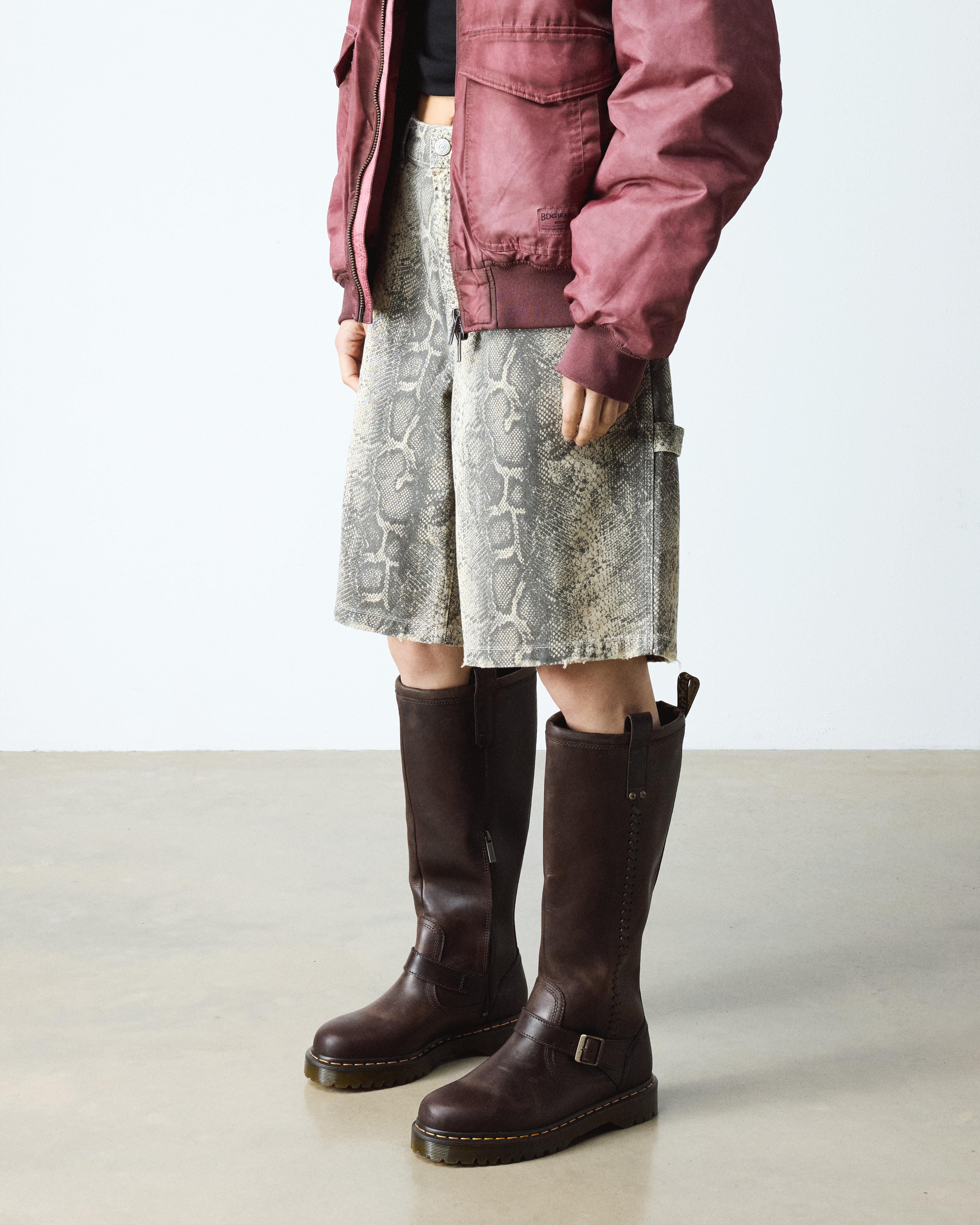 Anistone Knee High Crazy Horse Leather Biker Boots in Dark Brown | Dr. Martens