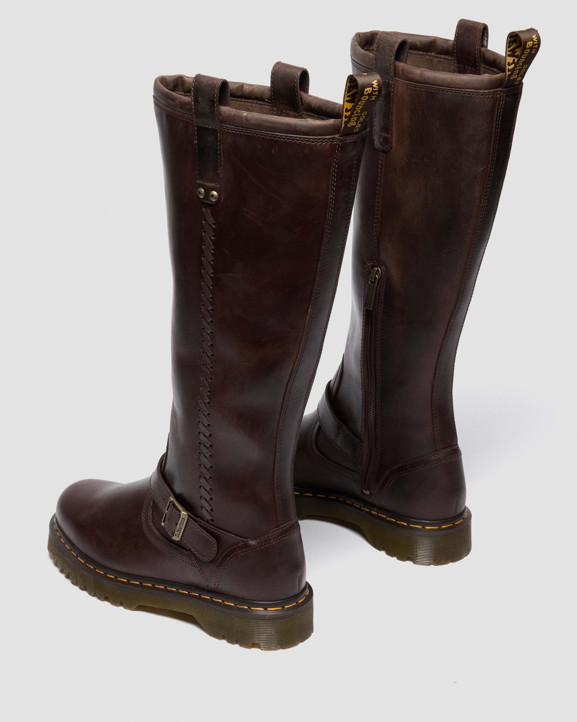 ANISTONE KNEE HIGH CRAZY HORSE BIKER BOOTS in Dark Brown | Dr. Martens