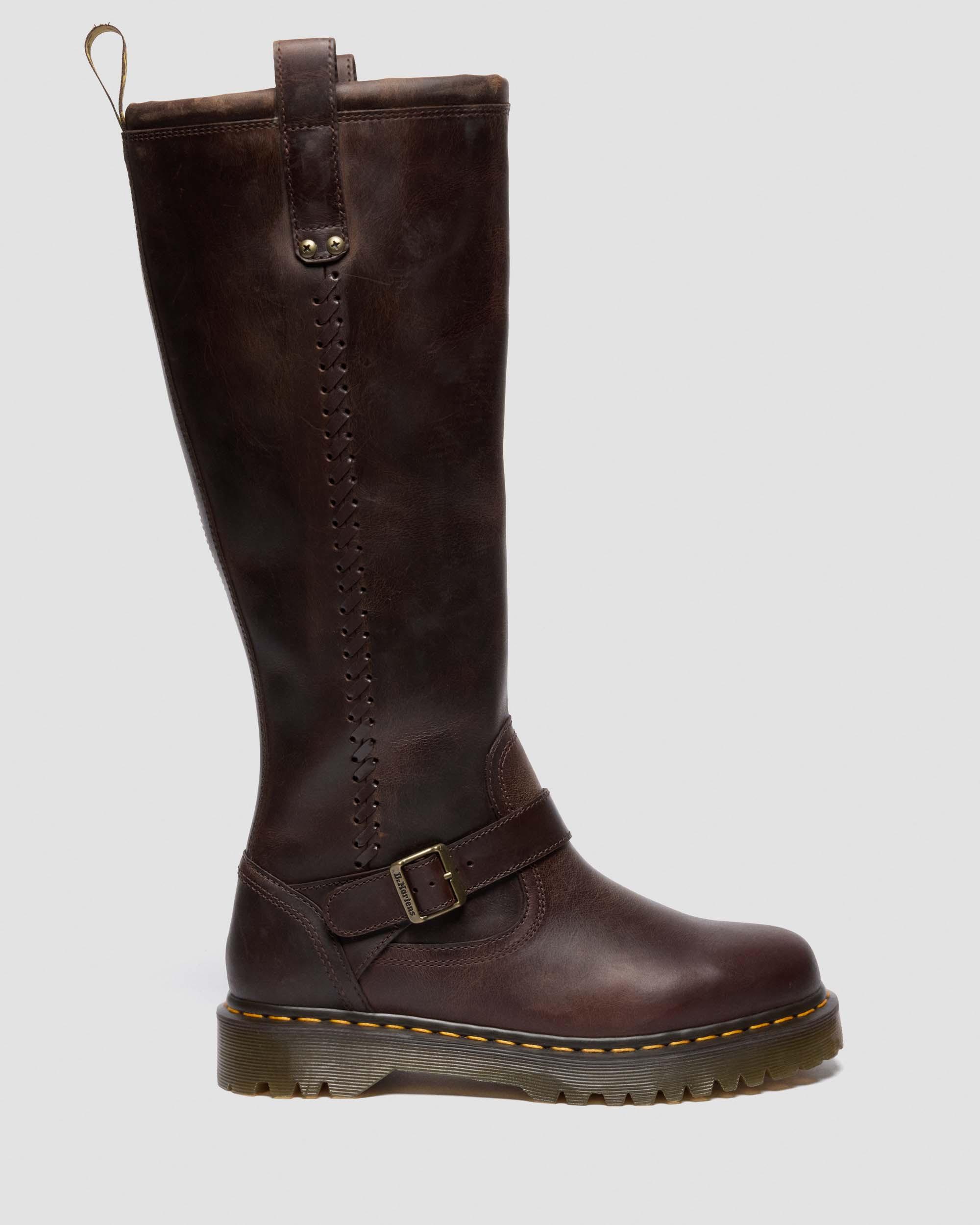 Anistone Knee High Crazy Horse Leather Biker Boots in Dark Brown | Dr ...