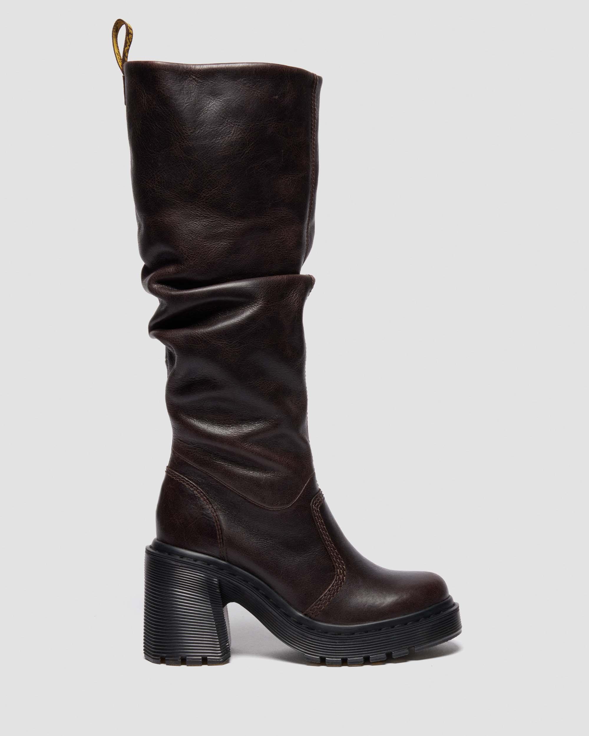 Kasey Kinsley Leather Knee High Heeled Boots in Dark Brown | Dr. Martens