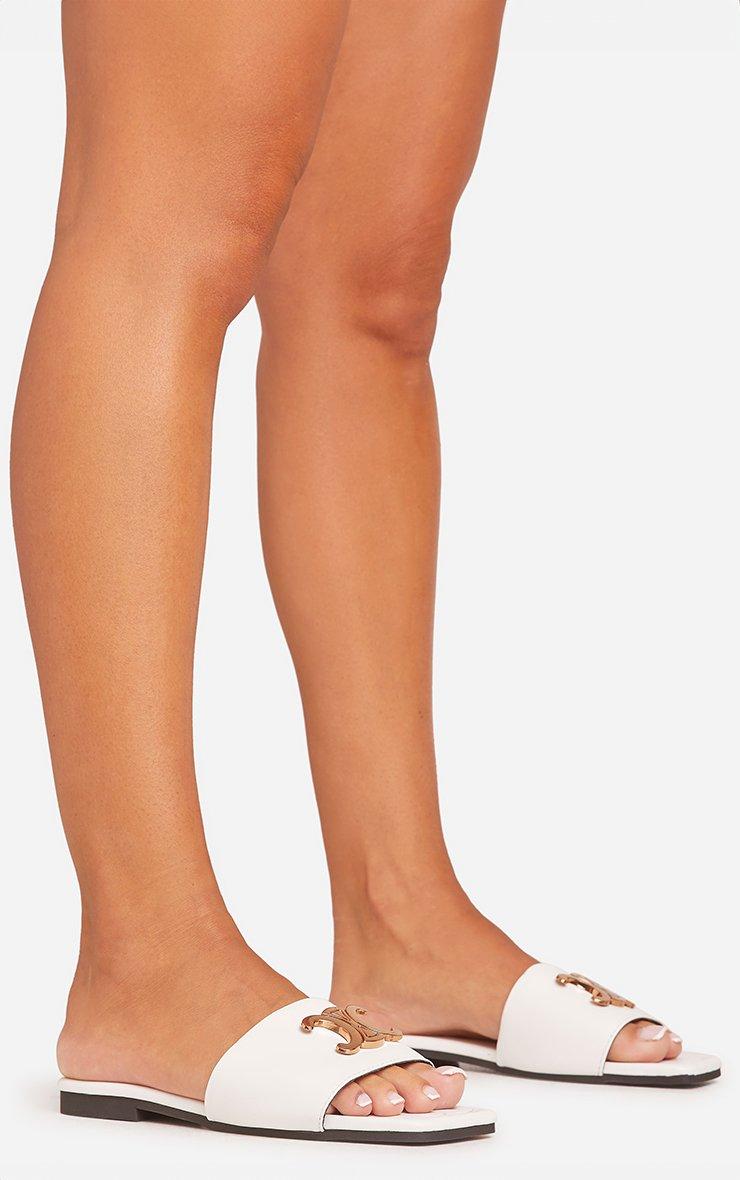 Chaser Gold Logo Detail Square Toe Flat Slider Sandal In White Faux ...