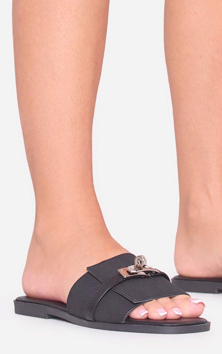 Bubbles Lock Detail Flat Slider Sandal In Black Faux Suede | EGO US | EGO