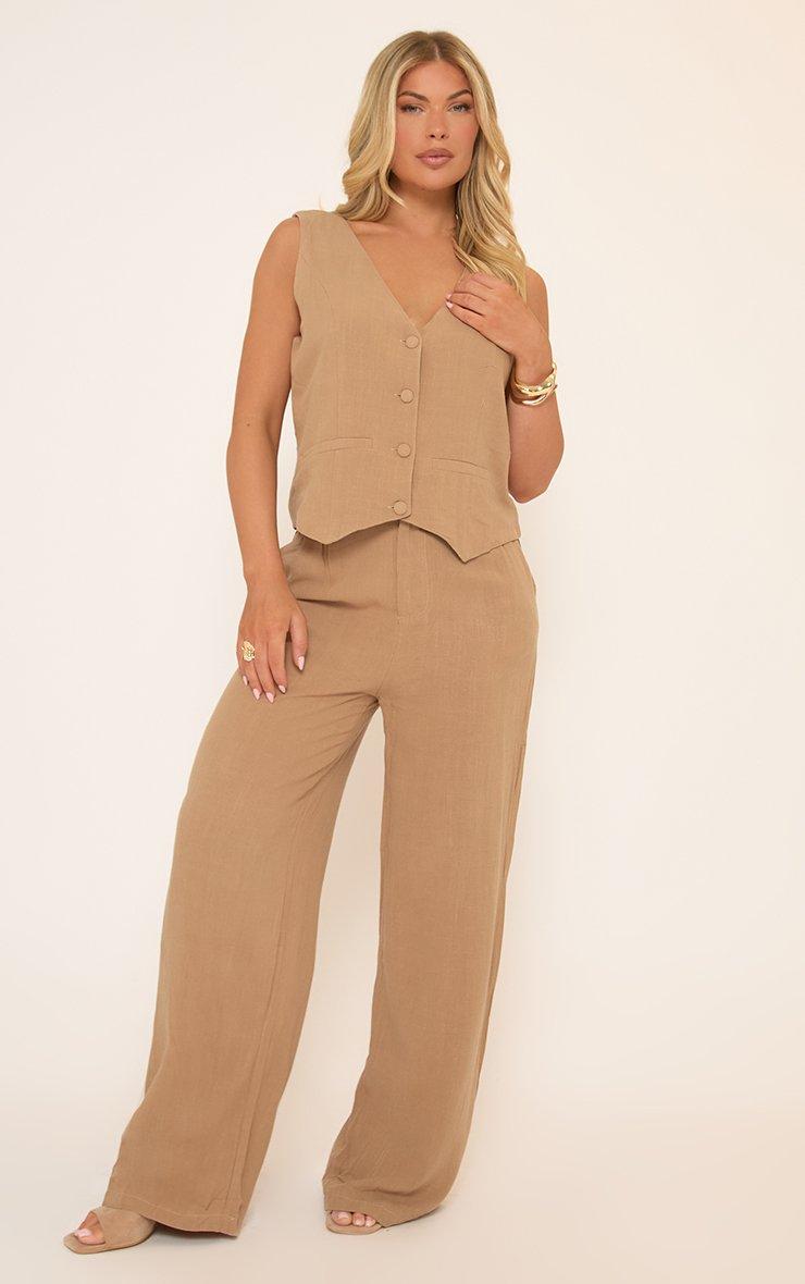 Button Waistcoat And Wide Leg Trouser Co-Ord Set In Beige Linen | EGO ...