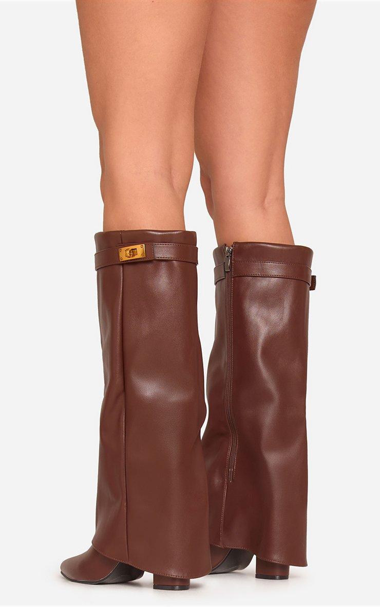 Ava Lock Detail Pointed Toe Knee High Block Heel Boot In Brown Faux ...