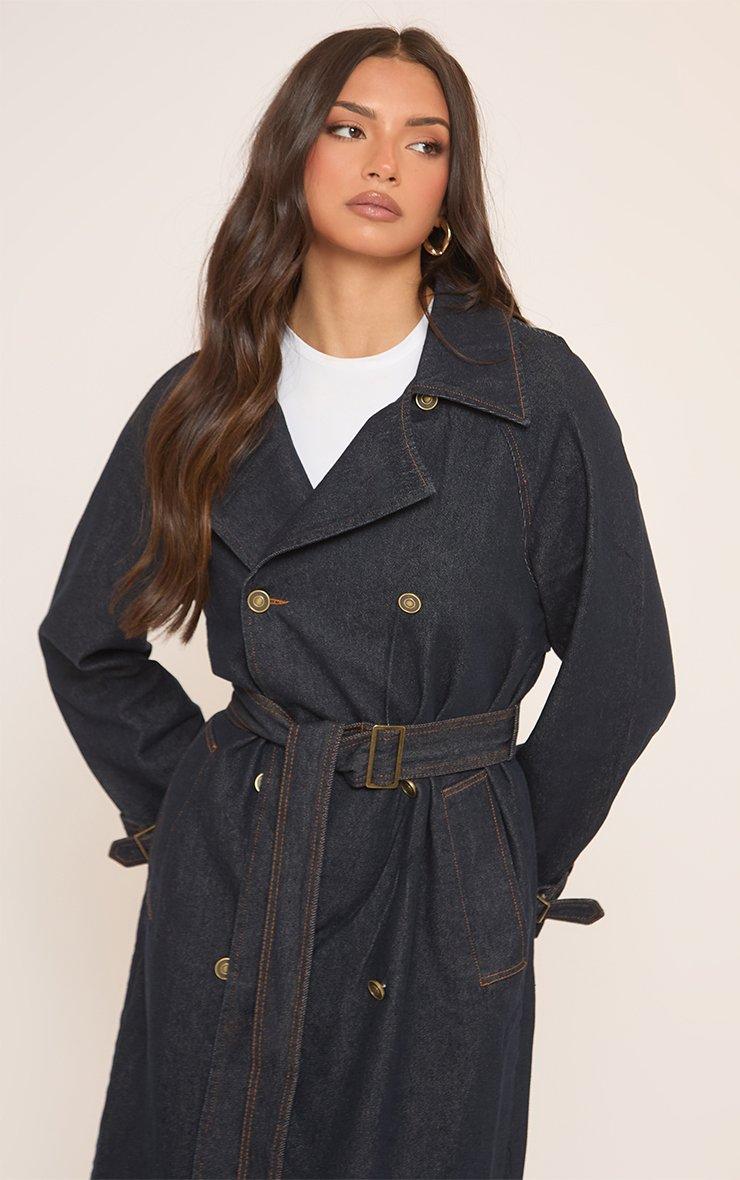 Long Sleeve Belt Detail Trench Coat In Indigo Blue Denim | EGO US | EGO