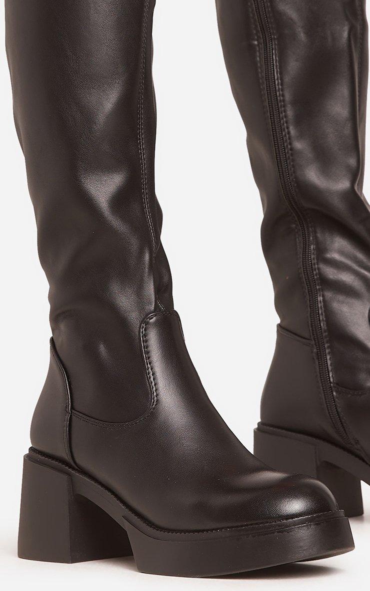 Caesar Chunky Block Heel Knee High Long Boot In Black Faux Leather ...
