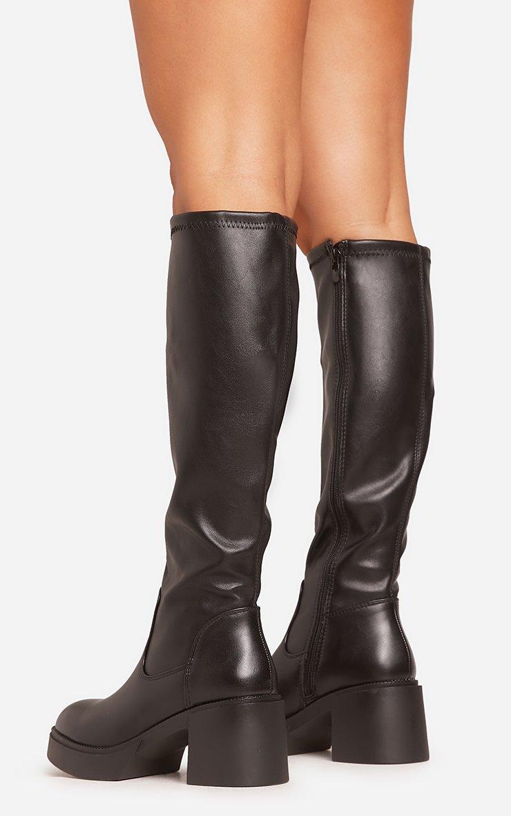 Caesar Chunky Block Heel Knee High Long Boot In Black Faux Leather ...
