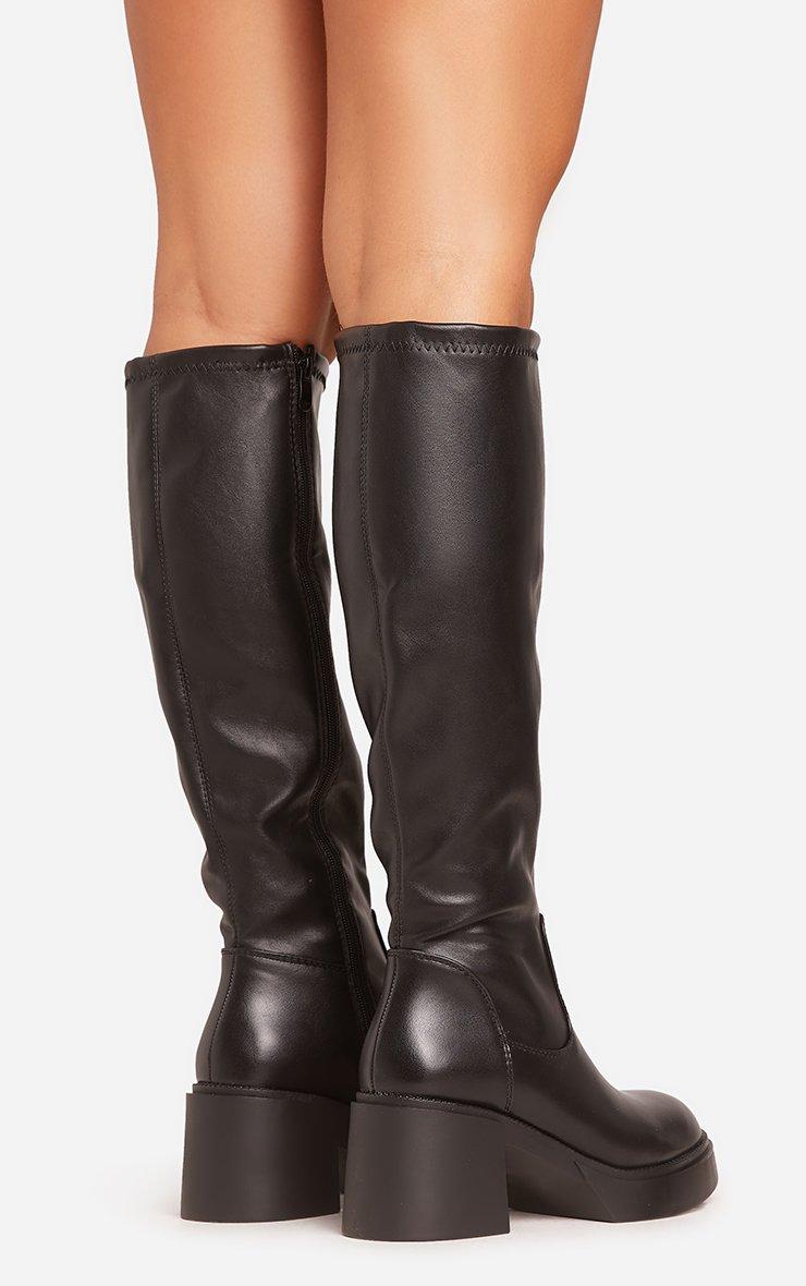 Caesar Chunky Block Heel Knee High Long Boot In Black Faux Leather ...