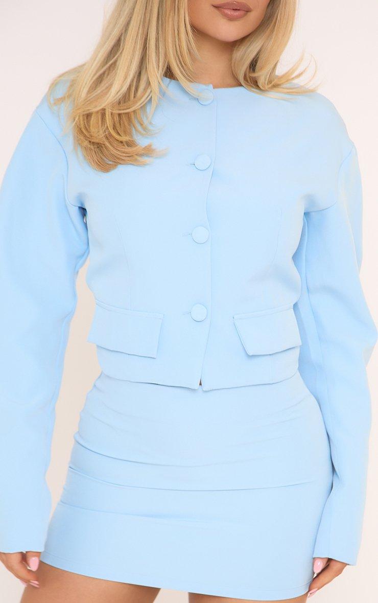Long Sleeve Button Front Tailored Blazer And Mini Skirt Co-Ord Set In Baby Blue | EGO US | EGO