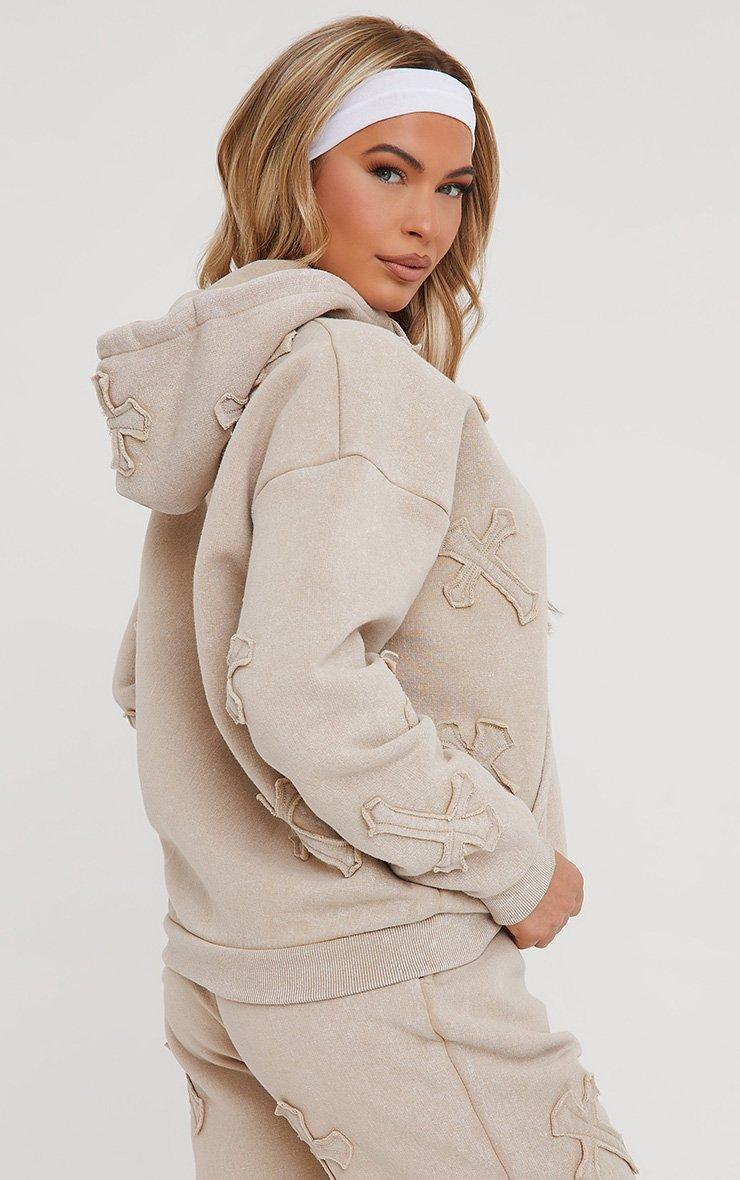 Cross Patch Detail Oversized Hoodie In Acid Wash Stone | EGO Cross Patch Detail Oversized Hoodie In Acid Wash Stone | EGO