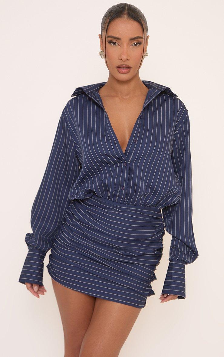 Long Sleeve Ruched Mini Shirt Dress In Blue Pinstripe | EGO US | EGO