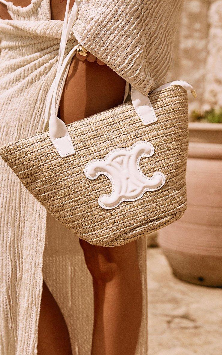 Tove Logo Detail Beach Bag In White Faux Leather And Beige Woven | EGO ...