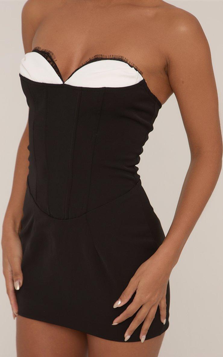 Bandeau Contrast Pleated Bust Lace Trim Mini Bodycon Dress In Black ...
