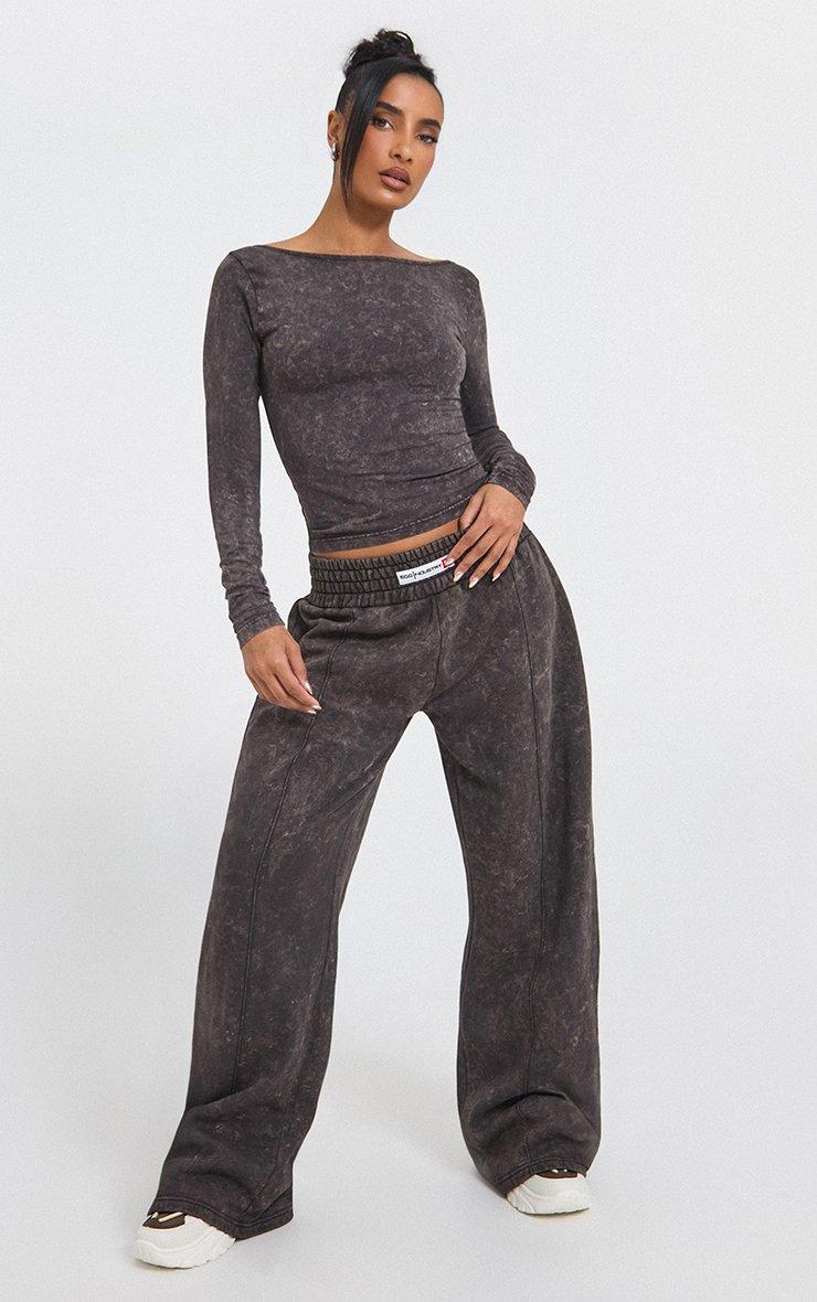 Tab Waist Seam Front Wide Leg Joggers In Chocolate Acid Wash | EGO US | EGO