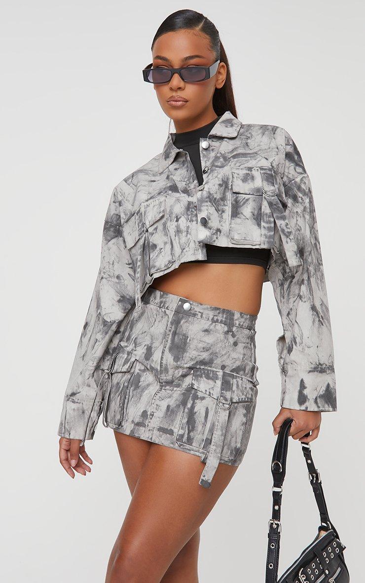 Oversized Belt Detail Cargo Style Cropped Jacket In Grey Acid Wash ...
