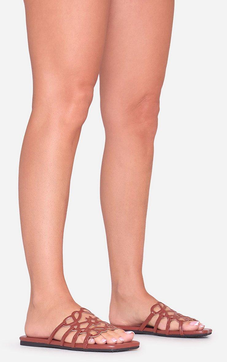 Laguna Swirl Detail Flat Slider Sandal In Tan Brown Faux Leather | EGO ...