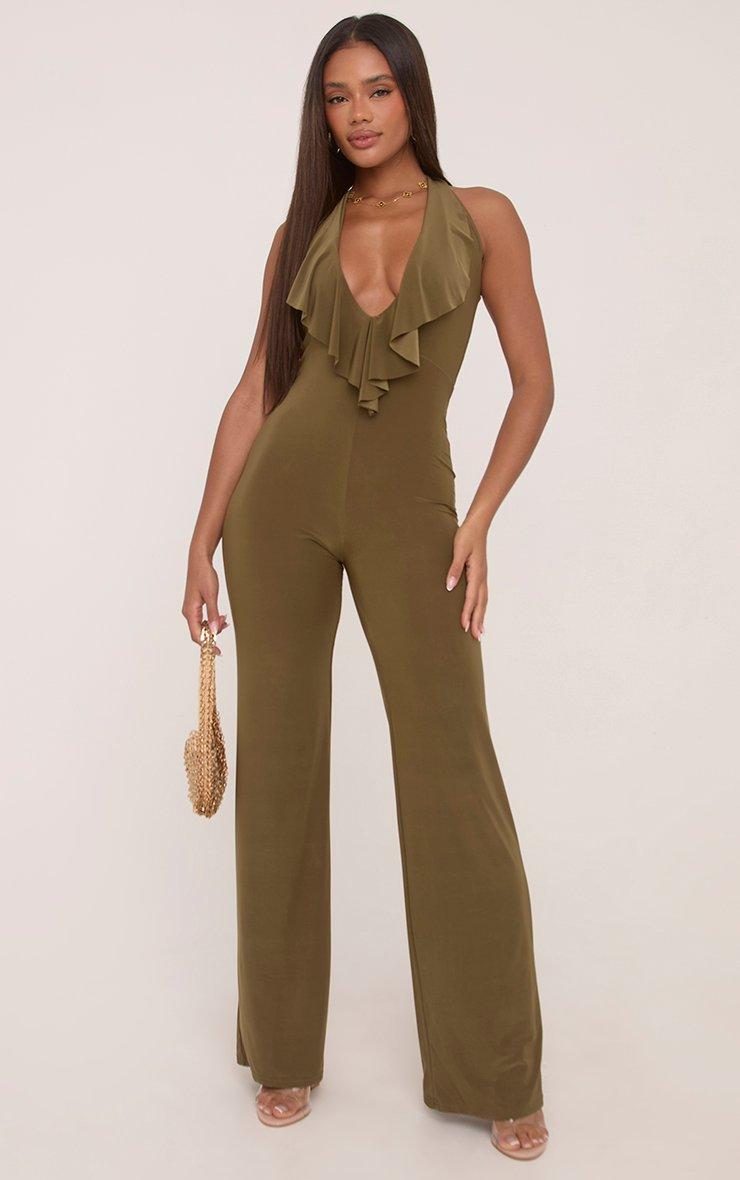 Plunge Frilly Detail Wide Leg Jumpsuit In Khaki Green Slinky | EGO US | EGO