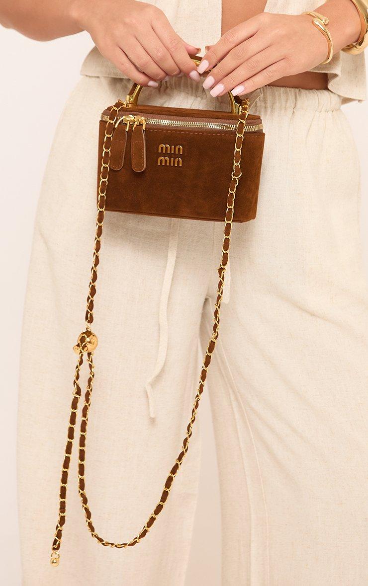 Nest Logo Detail Cross Body Vanity Bag In Tan Faux Suede | EGO US | EGO