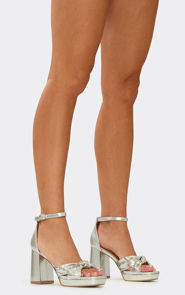 Mahdi Ankle Strap Knotted Detail Platform Block Heel In Silver Faux ...
