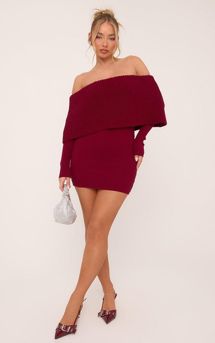 Extreme Fold Over Bardot Mini Bodycon Dress In Burgundy Knit | EGO US | EGO