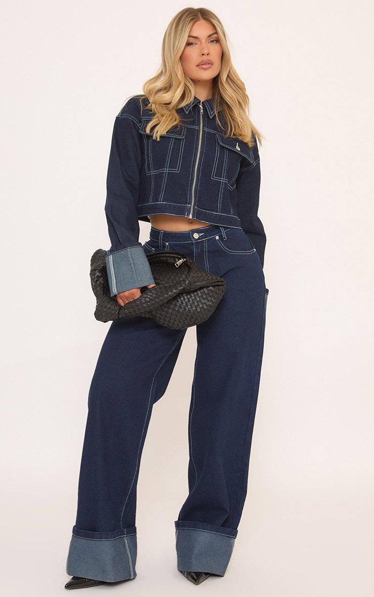 Long Cuffed Sleeve Zip Up Front Cropped Jacket In Blue Denim | EGO US | EGO