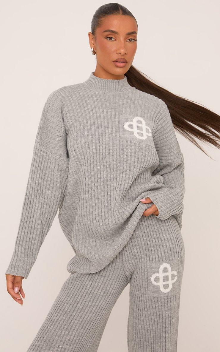 Long Sleeve High Neck Swirl Graphic Jumper In Grey Marl Rib Knit | EGO ...