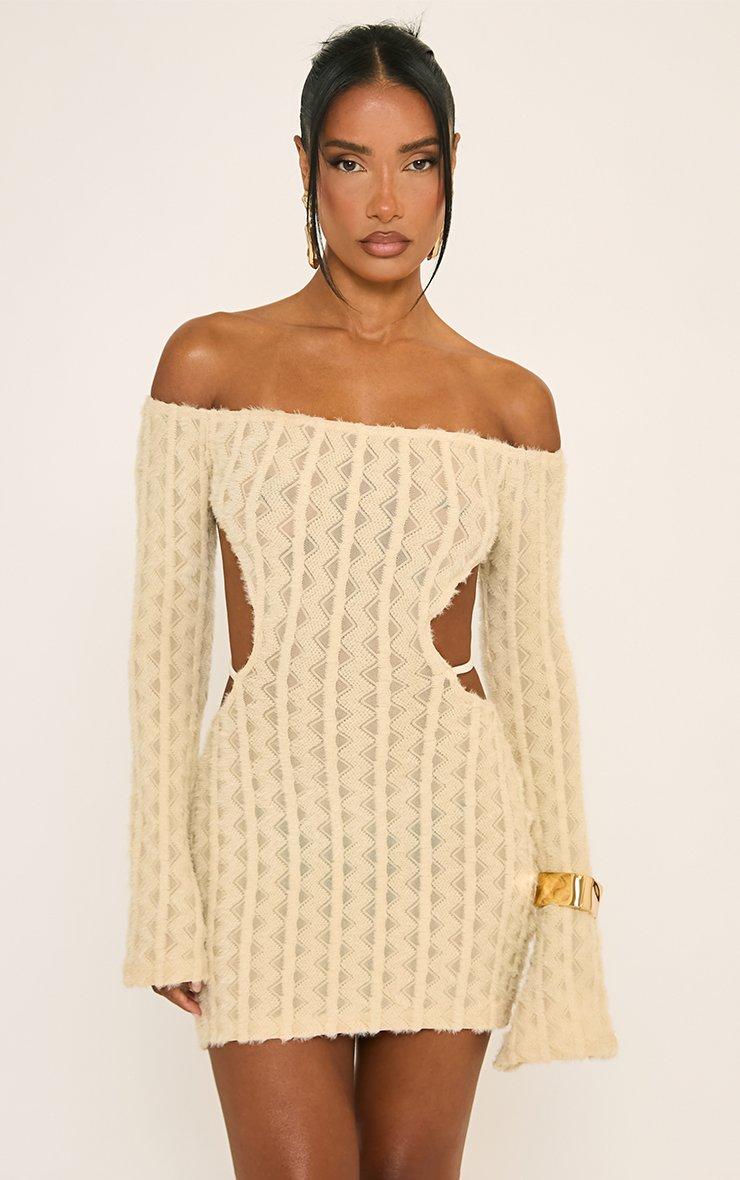 Bardot Long Sleeve Strappy Back Mini Dress In Cream Texture | EGO US | EGO