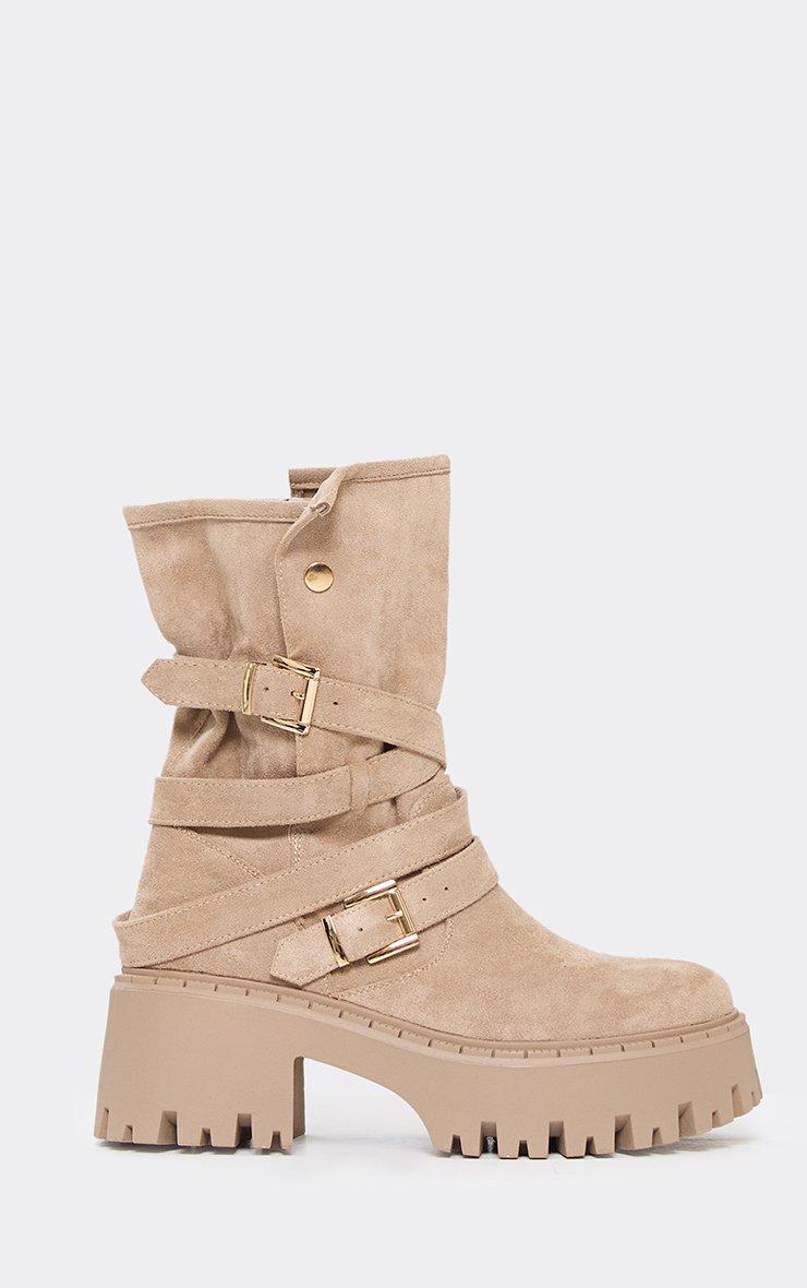 Claim Wrap Around Strap Chunky Sole Ankle Biker Boot In Beige Faux ...
