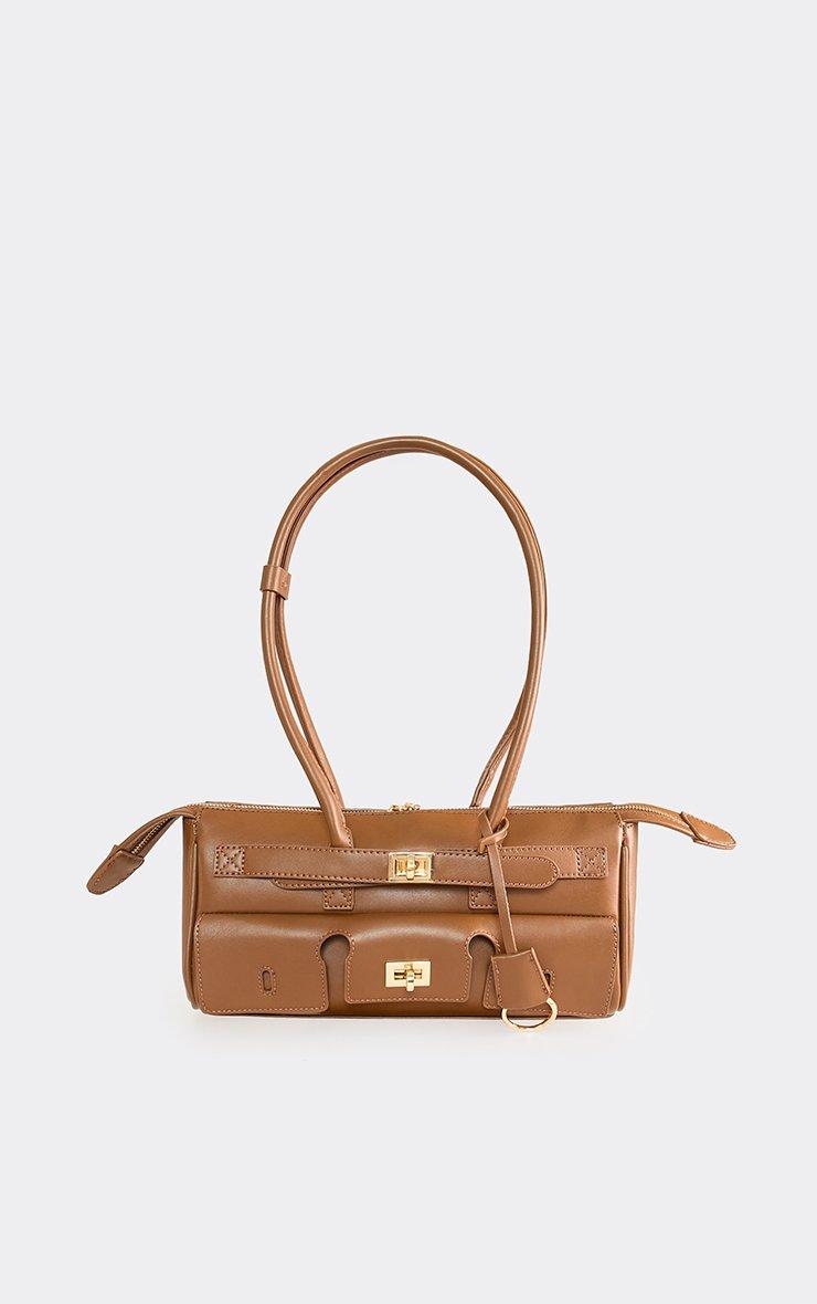 Bravo Lock Detail Rectangle Shaped Shoulder Bag In Tan Brown Faux ...