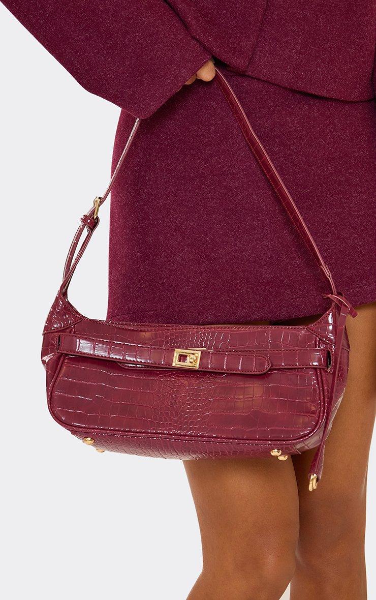 Natalya Lock Detail Rectangle Shaped Shoulder Bag In Burgundy Croc ...