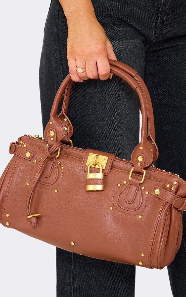 Store Studded Lock Detail Shaped Grab Bag In Brown Faux Leather | EGO ...
