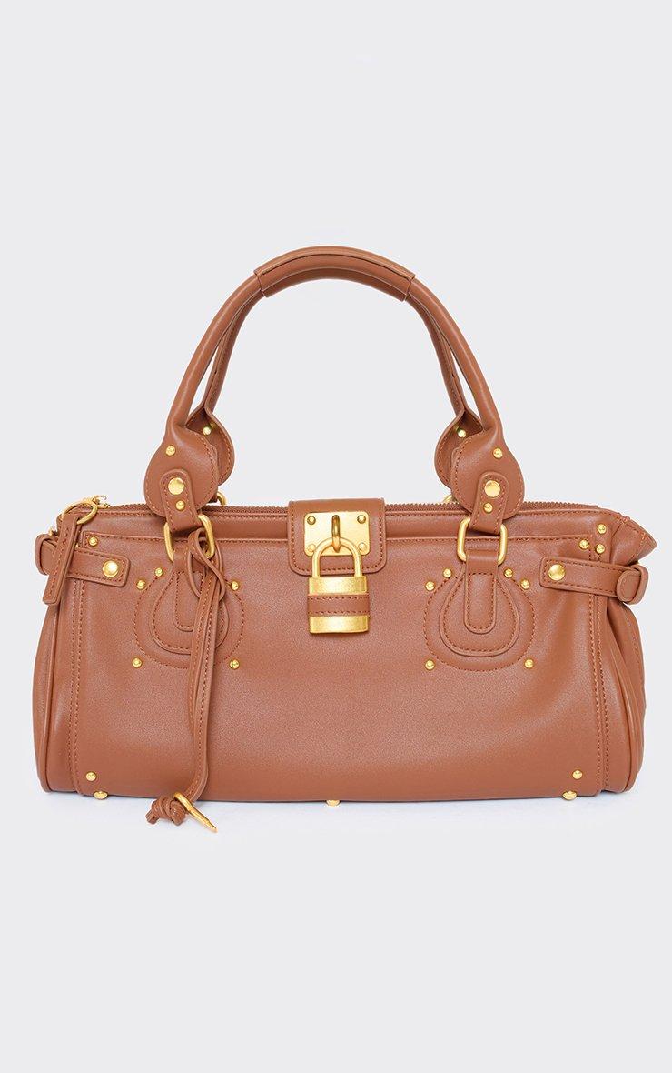 Store Studded Lock Detail Shaped Grab Bag In Brown Faux Leather | EGO ...