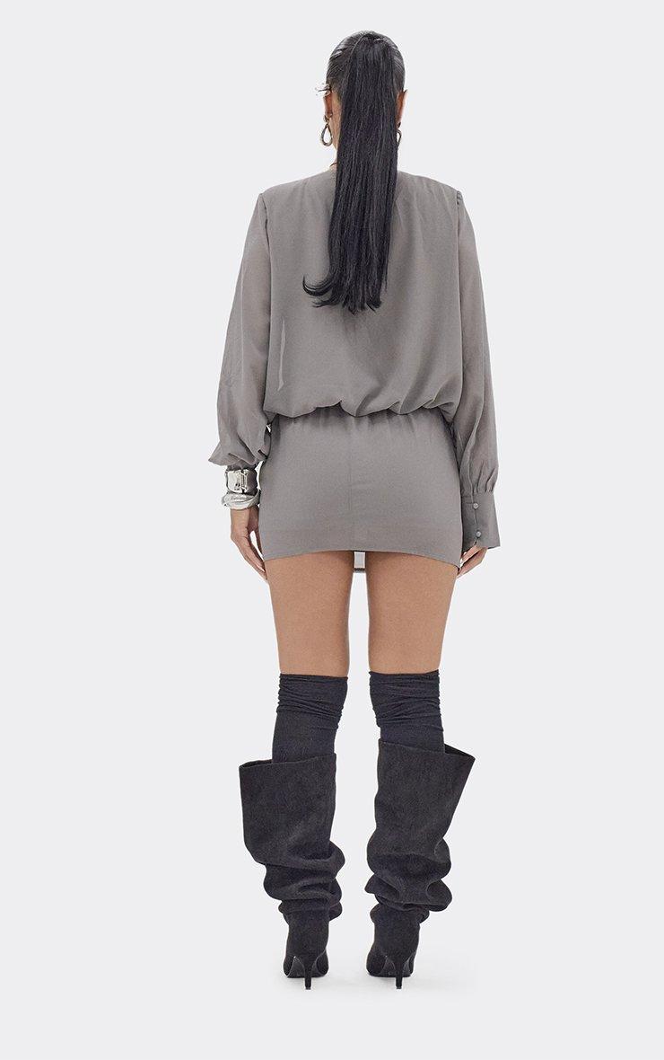 Long Sleeve Plunge Front Mini Dress In Grey Chiffon | EGO US | EGO