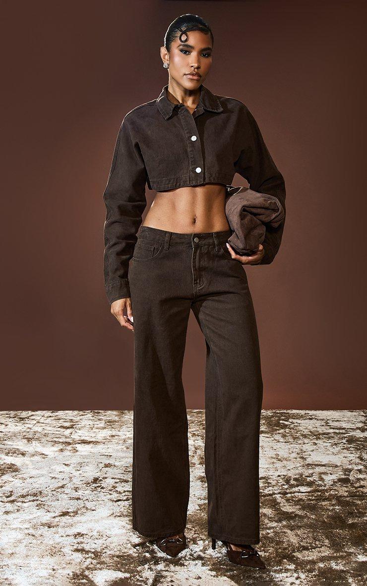 Long Sleeve Extreme Cropped Jacket In Chocolate Brown Denim | EGO US | EGO