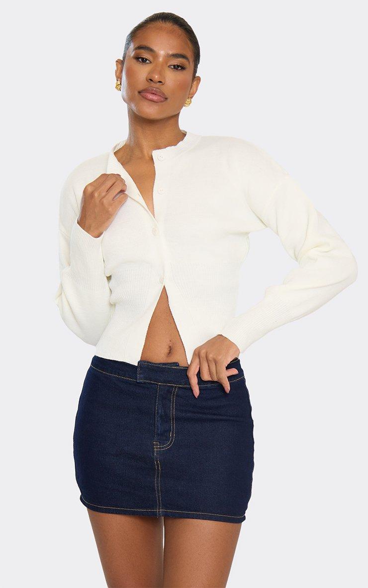 Long Sleeve Button Front Cinched Waist Cardigan In Cream Knit | EGO US ...