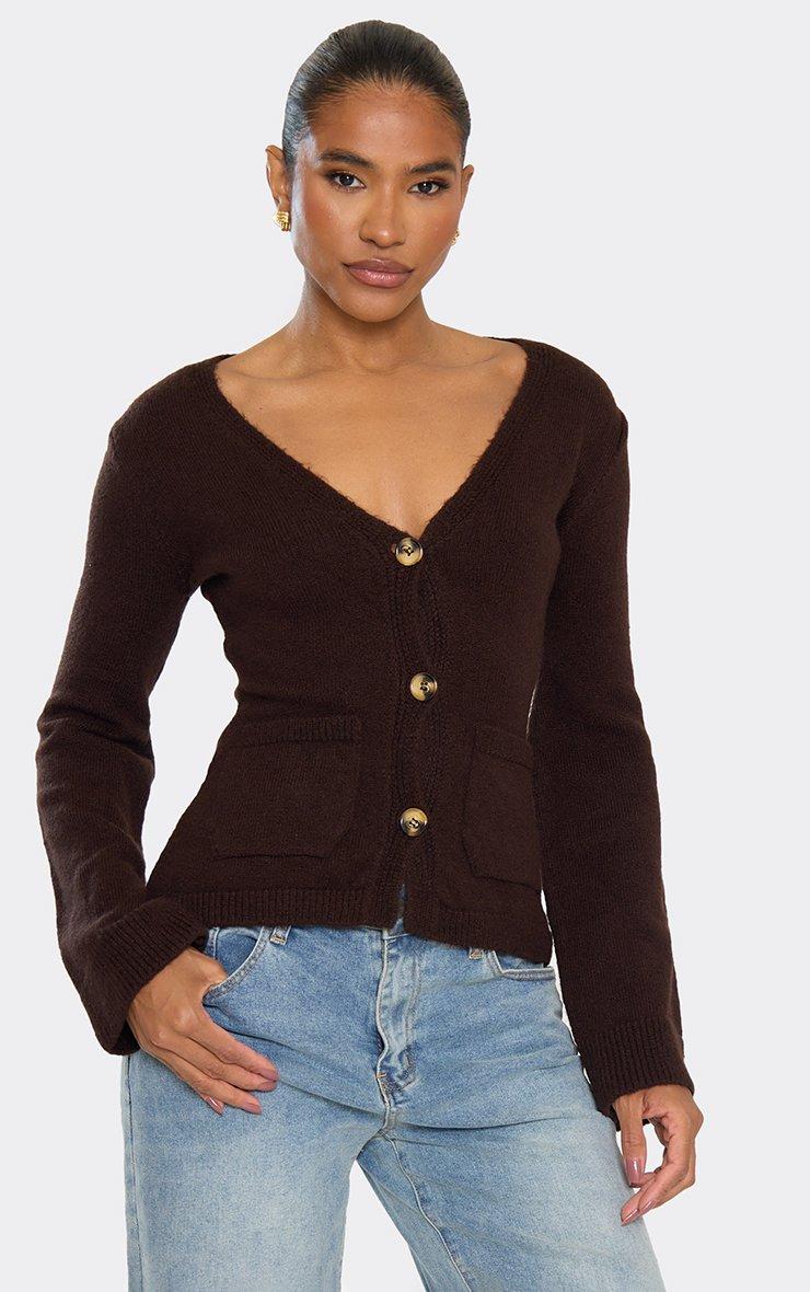 Long Sleeve Button Front Cinched Waist Cardigan In Brown Knit | EGO US ...
