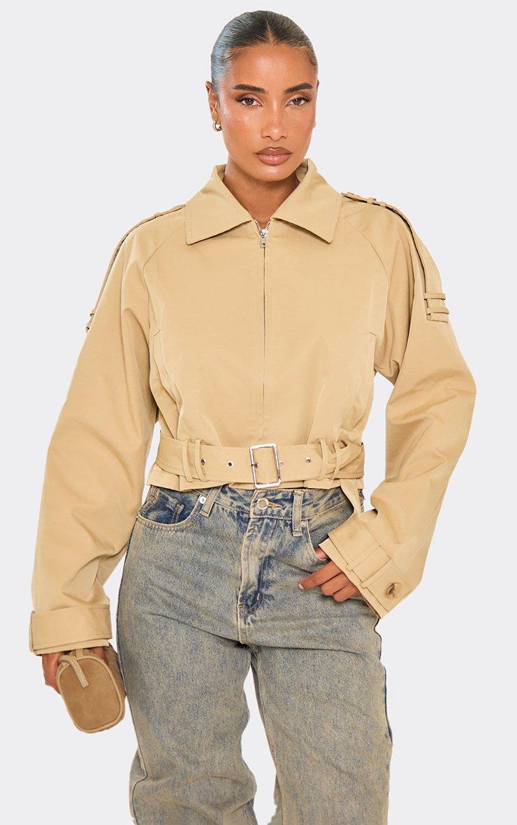 Collared Belted Hem Detail Zip Down Trench Coat In Beige | EGO US | EGO