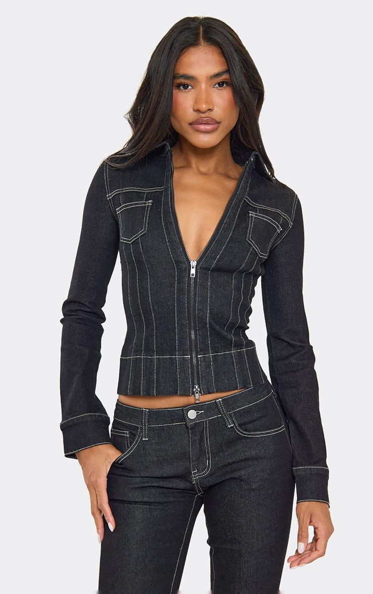 Long Sleeve Seam Detail Fitted Jacket In Black Denim | EGO US | EGO