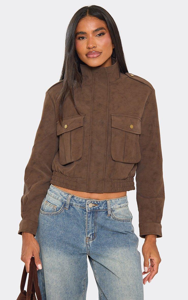 Long Sleeve Pocket Detail Cropped Jacket In Chocolate Brown Faux Suede ...