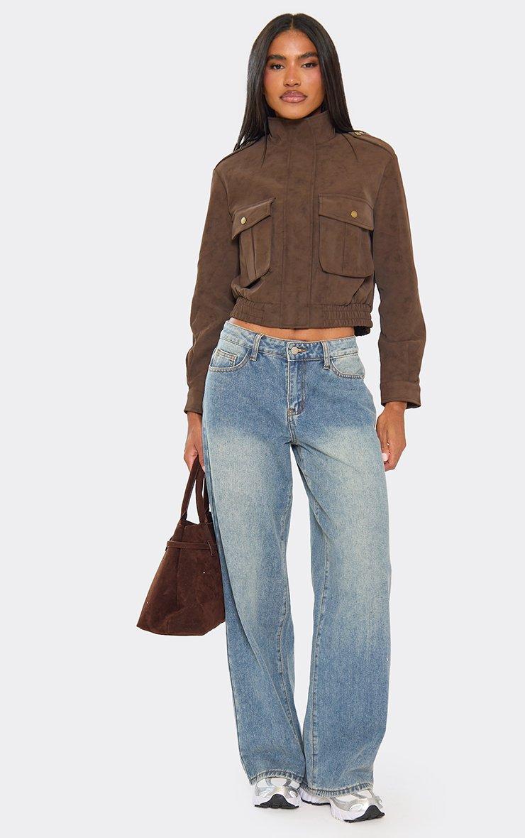 Long Sleeve Pocket Detail Cropped Jacket In Chocolate Brown Faux Suede ...