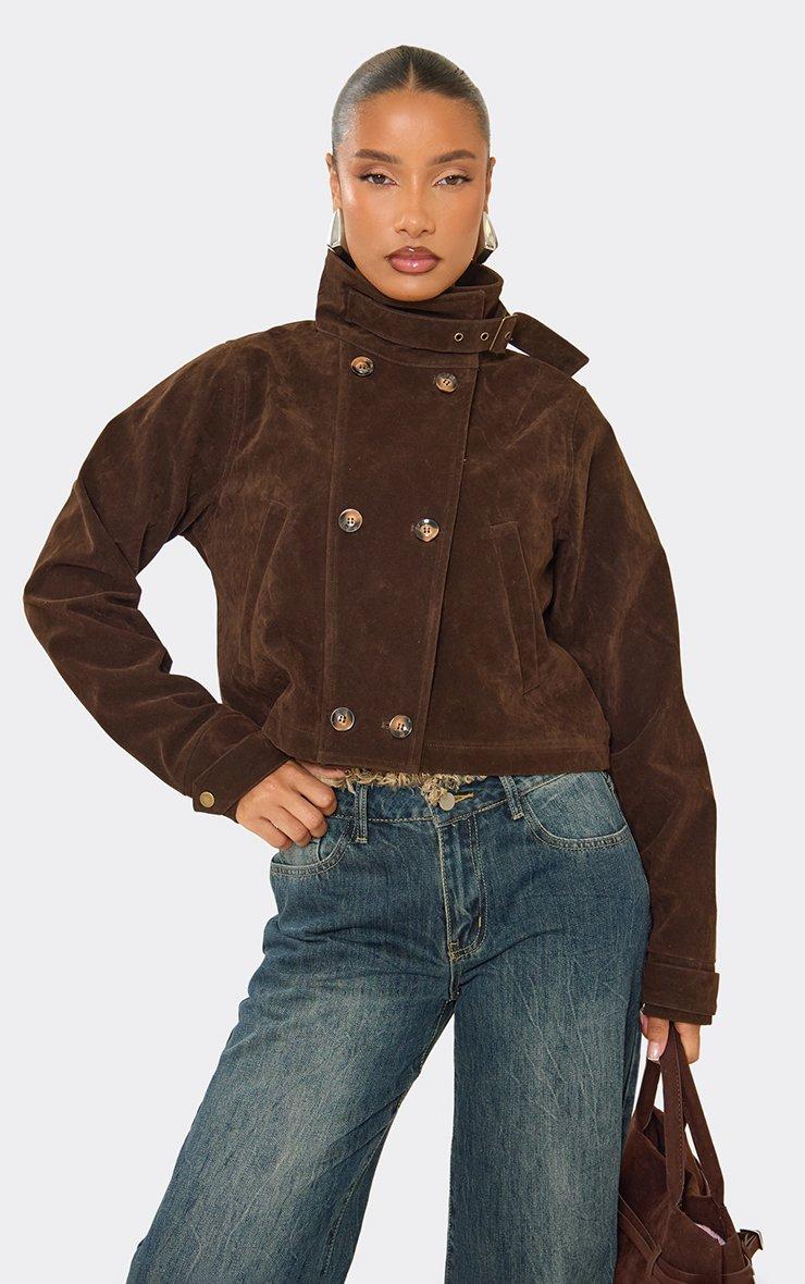 Funnel Neck Cropped Trench Jacket In Chocolate Brown Suede | EGO EU | EGO
